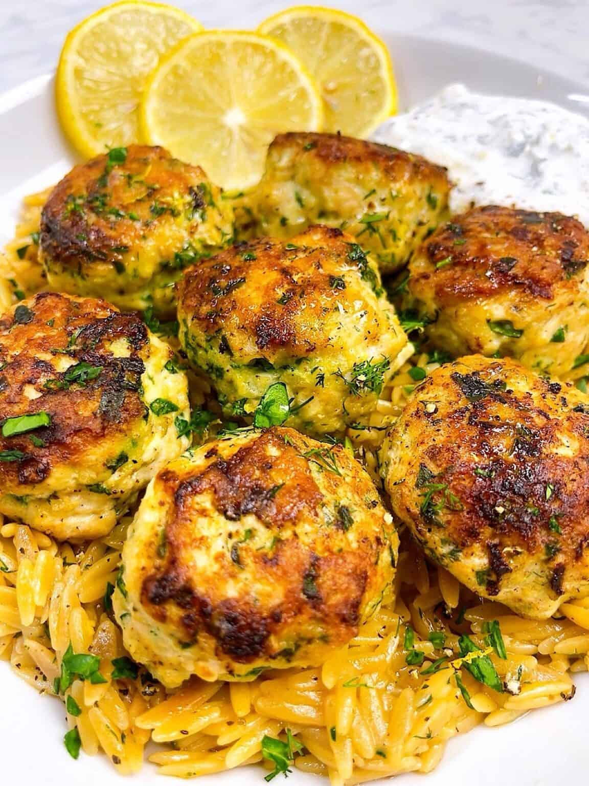 Greek Chicken Meatballs with Lemon Spinach Orzo | Powell Family Cooking